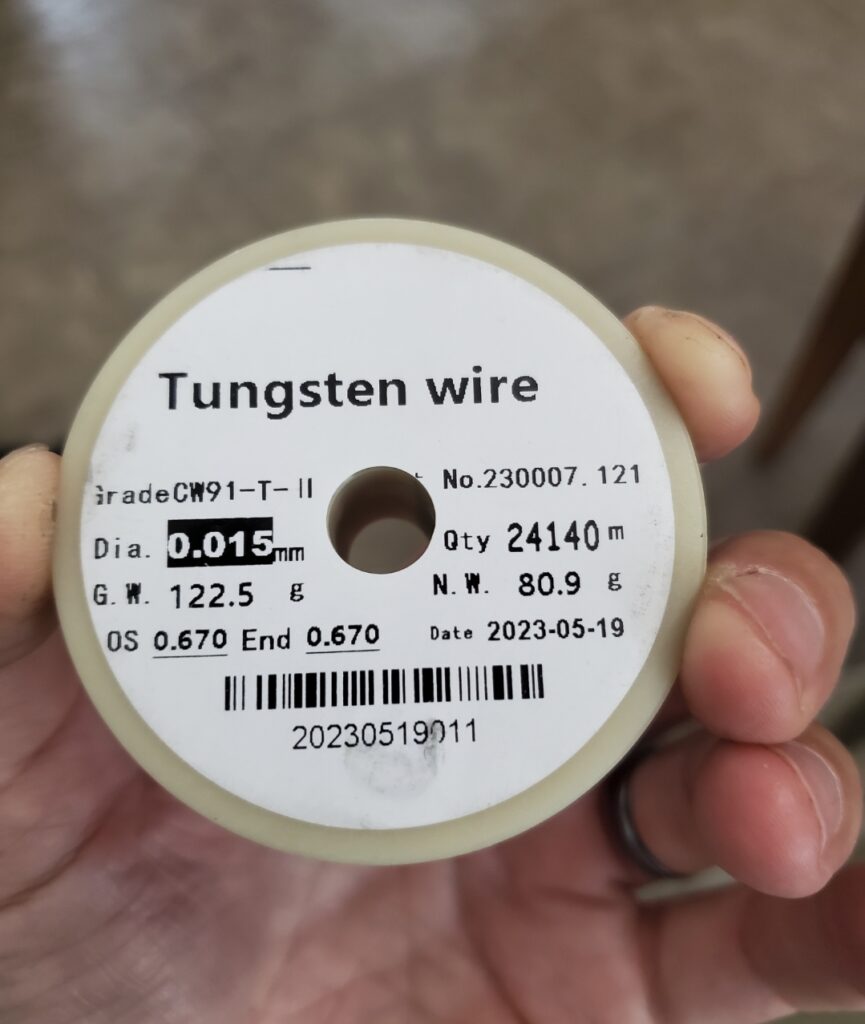 Tungsten bracing wire, 0.015mm, 67g spool | J&H Aerospace